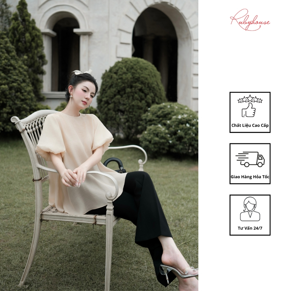 {Ruby House} Solie Set – Áo tơ babydoll tay bồng + quần suông cao cấp nhẹ mát | Màu be thanh ...