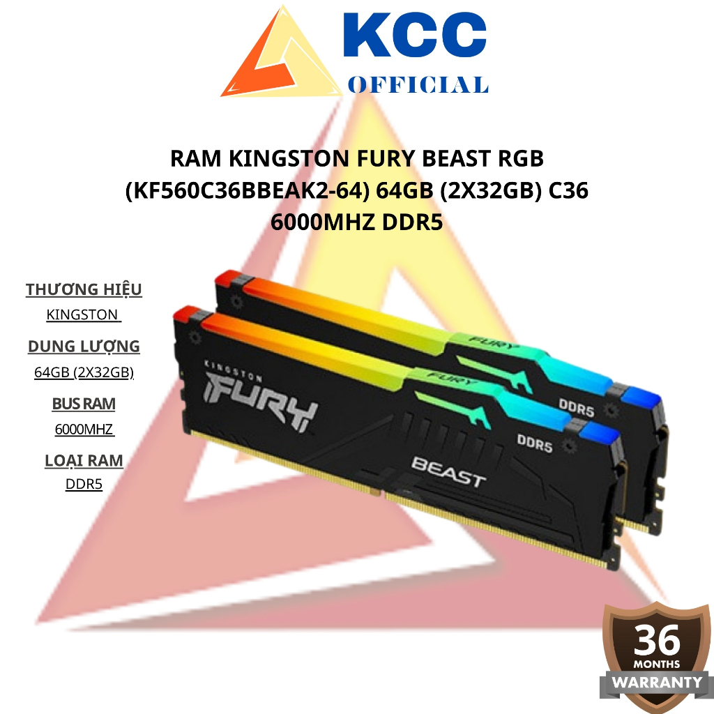 Ram Kingston FURY Beast RGB (KF560C36BBEAK2-64) 64GB (2x32GB) C36 6000MHz DDR5 | Shopee Việt Nam