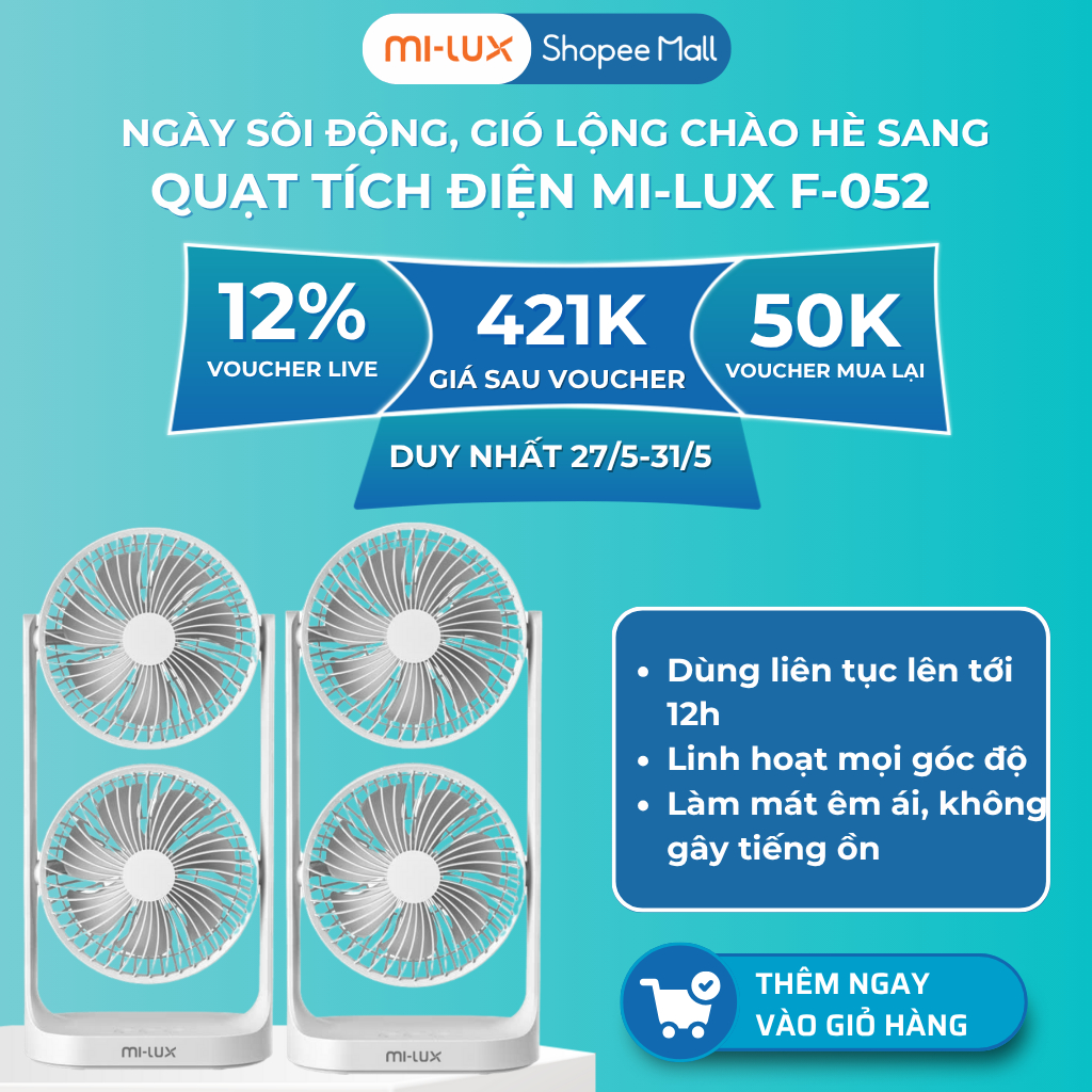 Quạt Tích Điện Mini Mi-Lux F-052 – Sạc Nhanh Type-C, Xoay 360°, 3 Cấp Gió làm mát nhanh chóng ...