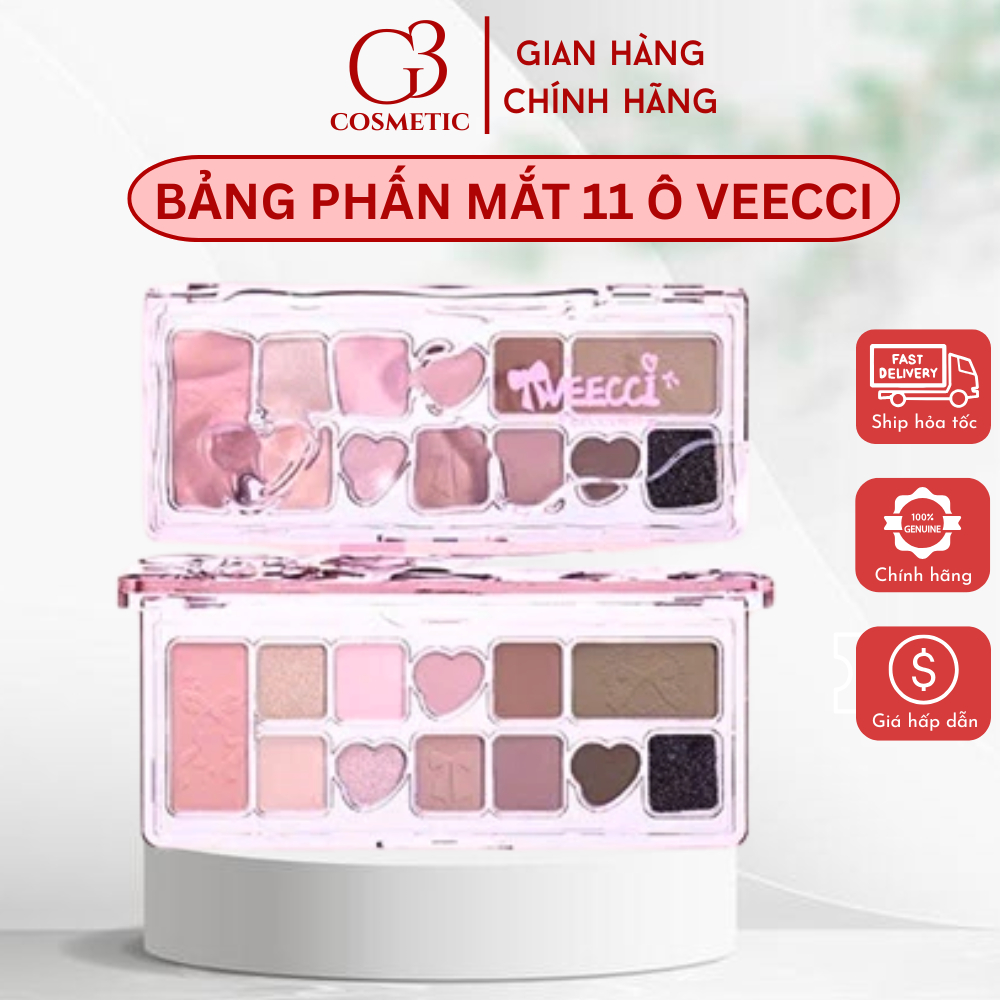 Bảng phấn mắt VEECCI 11 ô trái tim Ballet nơ lụa hồng đen trang điểm bền màu lâu trôi kèm mút vệ ...