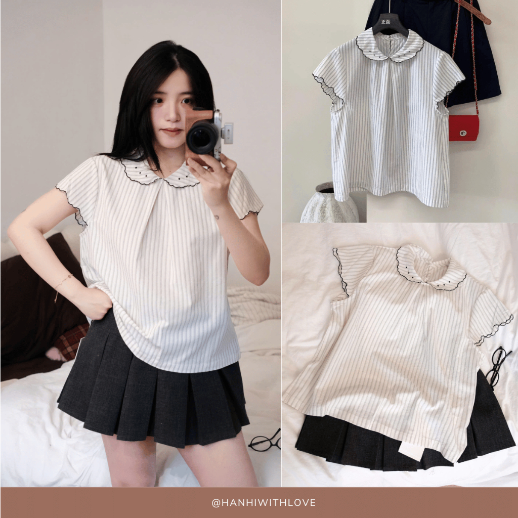 Hanhiwithlove - Áo sơ mi thô mềm cổ sen bo viền mix điệu dáng ngắn hàng QCCC tag lareine mã 9122 ...