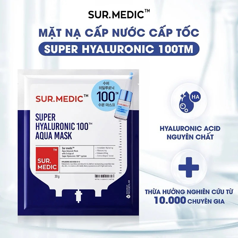 [HSD T12/2026] Hộp 10 Miếng Mặt Nạ Hỗ Trợ Cấp Nước Chuyên Sâu Sur.Medic Super Hyaluronic 100 ...