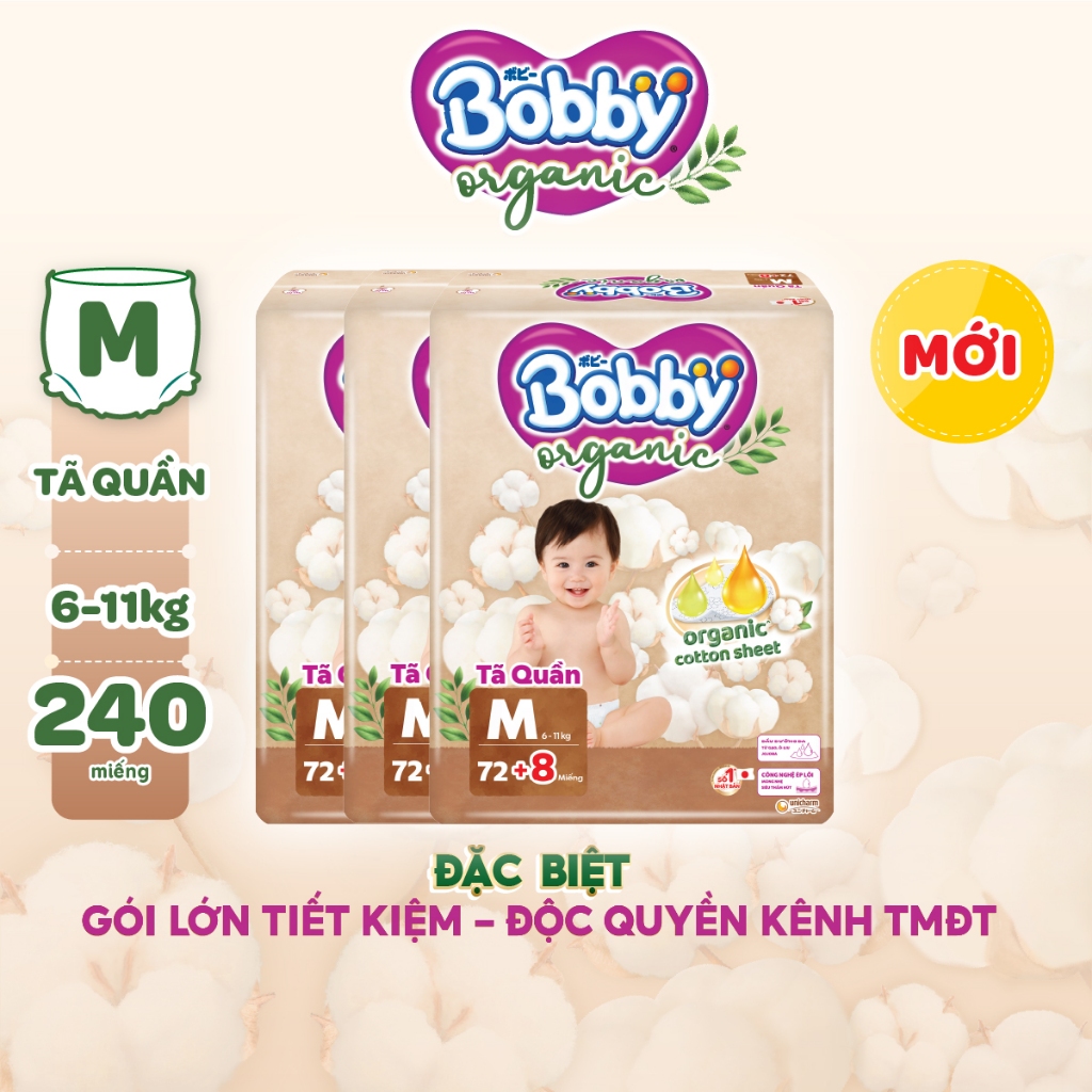 [TẶNG MIẾNG] Combo 3 gói tã quần cao cấp Bobby Organic chăm sóc dịu nhẹ từ thiên nhiên M72+8/L60 ...