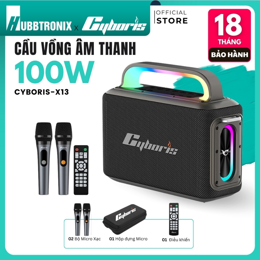 Loa Karaoke Bluetooth Bass Mạnh Kèm 2 Micro Không Dây CYBORIS Rainbow X13, Công Suất 100W, Pin ...