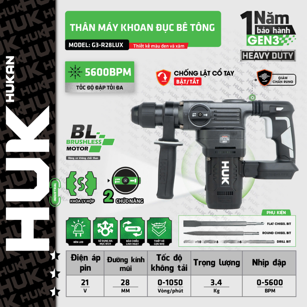 [CHÍNH HÃNG] Máy Khoan Bê tông Pin HUKAN HUK G3-R28LUX, Không Chổi Than ...