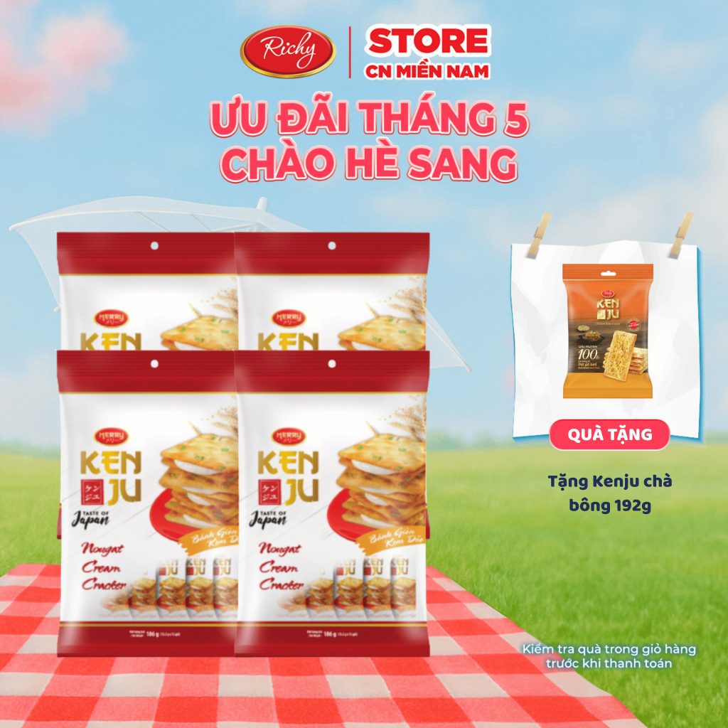 [TẶNG BÁNH KENJU] Combo 4 túi bánh quy kem dẻo Kenju 186g, Bánh Quy Nougat, Bánh Kẹo Richy ...