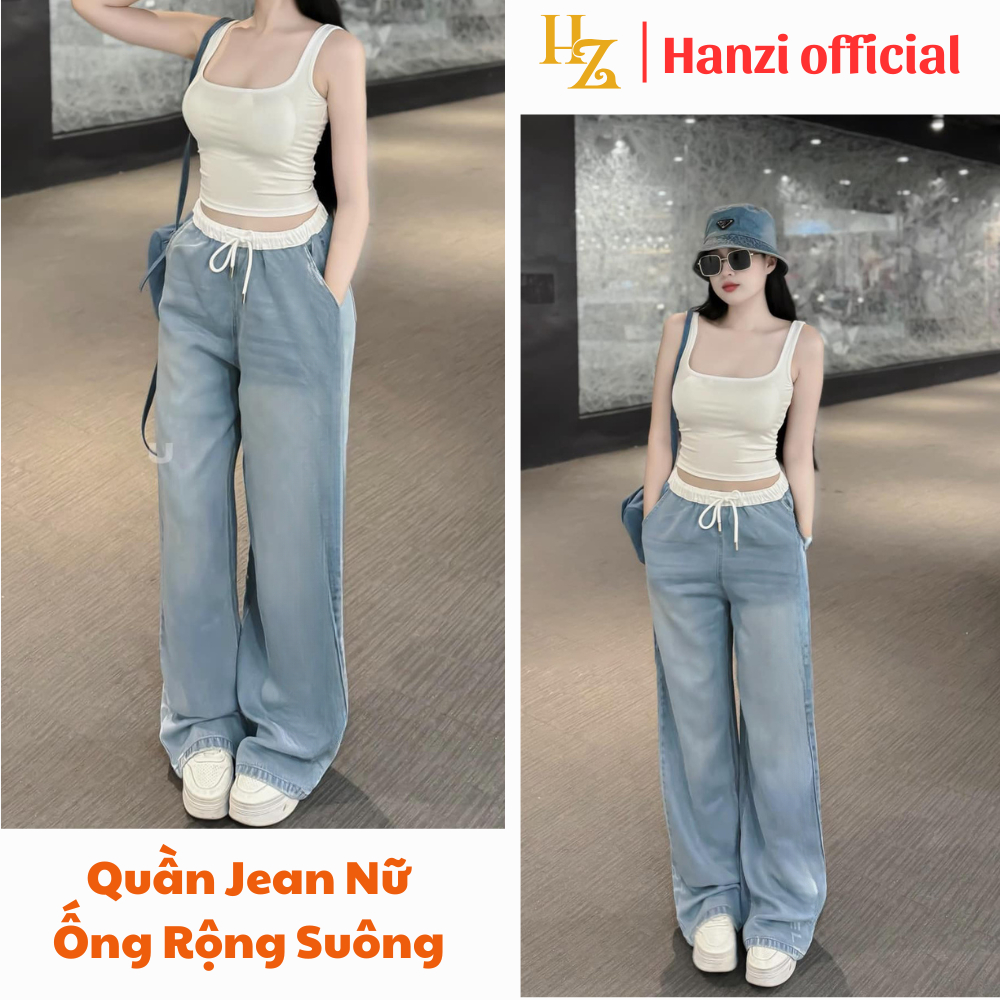 Quần jean suông nữ ống rộng có dây rút, Quần bò jean chun chất cao cấp ...