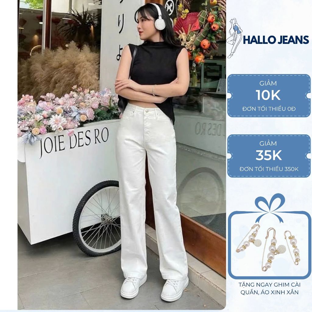 HALLO JEANS - Quần jean trắng nữ ống suông cạp cao tôn dáng phong cách ulzzang [TẶNG 1 GHIM CÀI ...