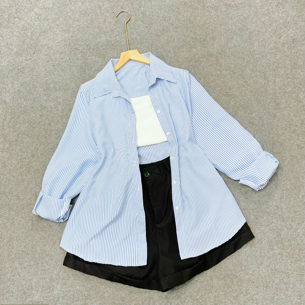 Set đồ bigsize nữ áo sơ mi kẻ sọc kèm áo 2 dây và quần đùi ống rộng ...