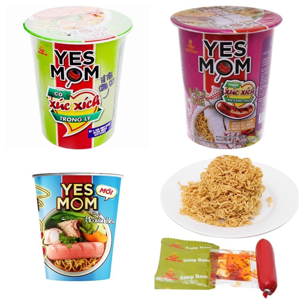 Combo 12 ly mì Yes Mom 76g/ly có xúc xích (vị tôm chua cay, sườn heo ...