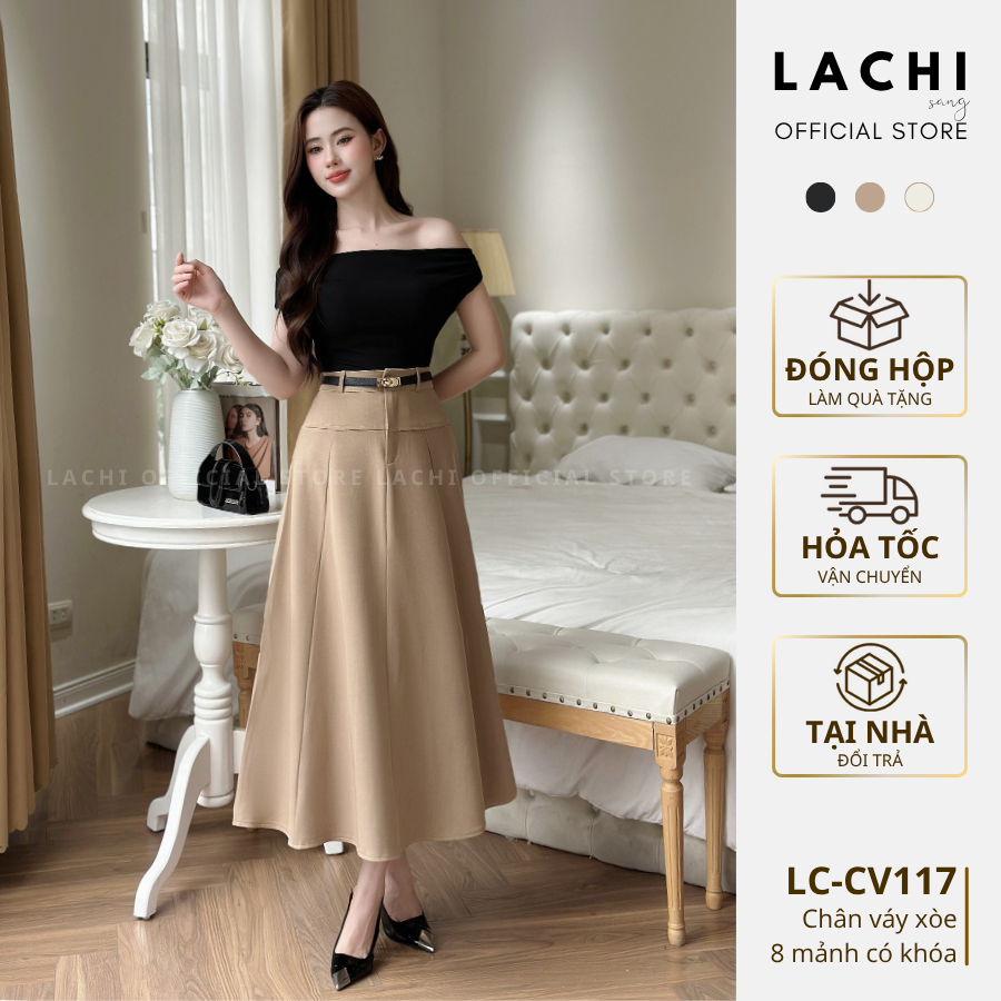 [TẶNG KHĂN LỤA ] Chân váy xòe xếp ly công sở LACHI midi dáng dài cạp ...