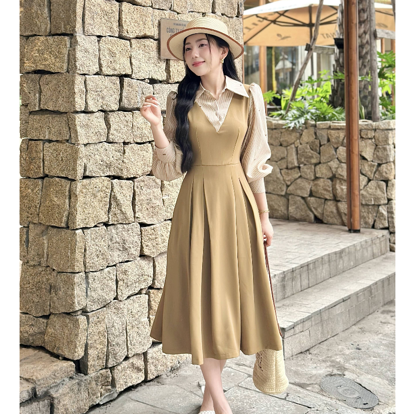 Váy đầm sơ mi phối cách điệu thiết kế thanh lịch, sang trọng đi làm đi ...