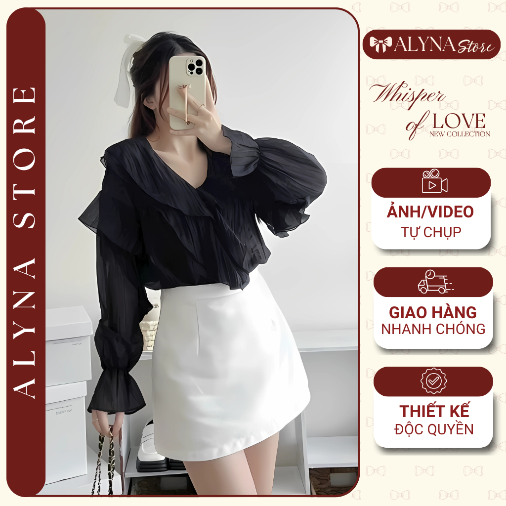 Áo voan tơ nhăn cổ V phối bèo cổ dài bo tay phong cách tiểu thư Hàn Quốc ALYNA | Shopee Việt Nam