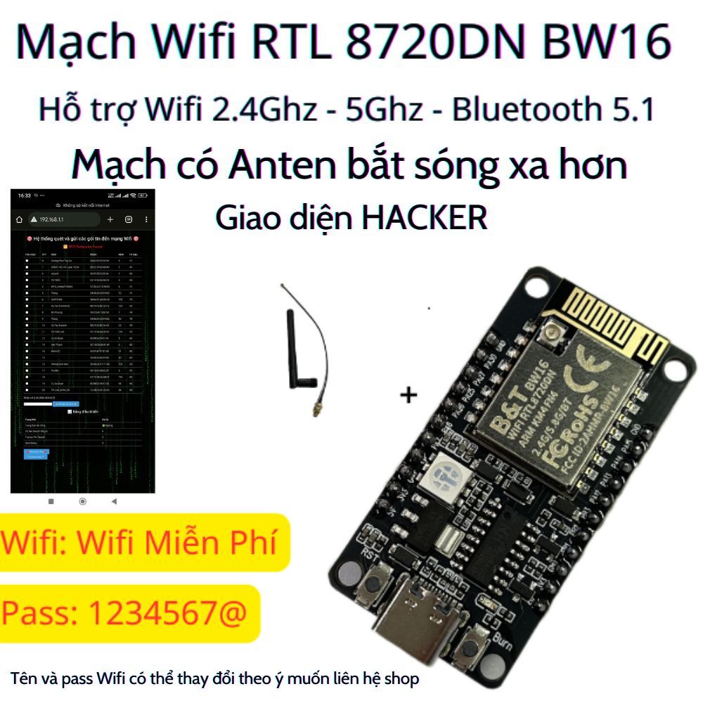 Mạch RTL8720DN BW 16- WiFi 2.4GHz & 5GHz, BLE 5.0 có loại đã nạp code ...
