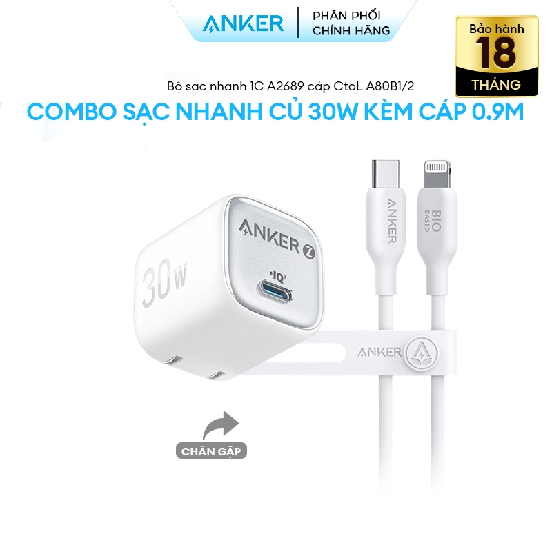 Bộ sạc nhanh 20W Anker Zolo, Củ 20W 1C &Cáp CtoC &Cáp CtoL, sạc chống quá tải nhiệtA2699+A80F1 ...