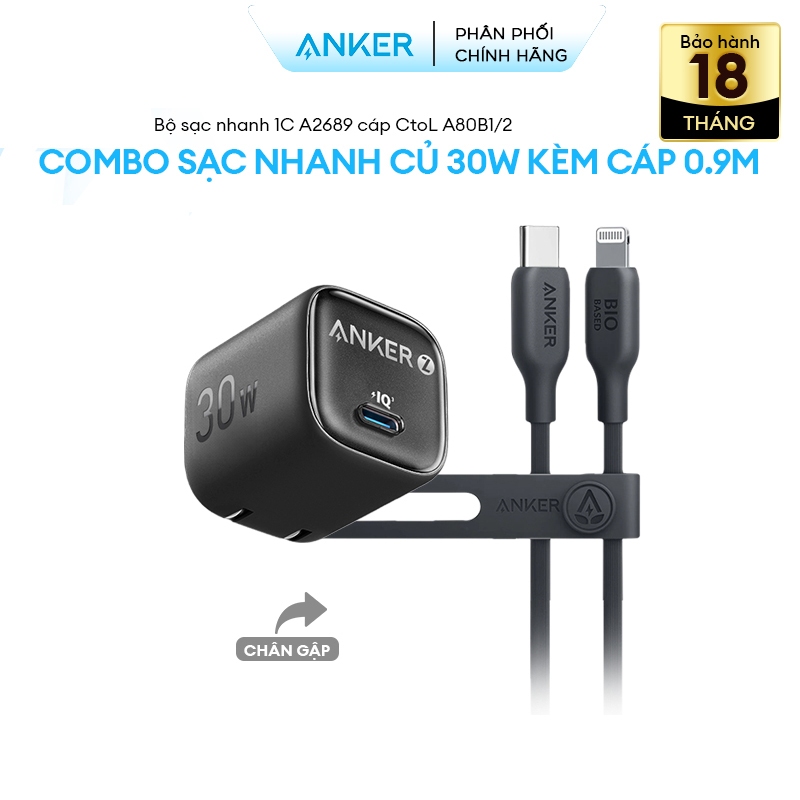 Bộ sạc nhanh 30W Anker Zolo, Chống quá tải nhiệt, Củ 30W 1C & Cáp CtoC & Cáp CtoL A2698+A80B1 ...