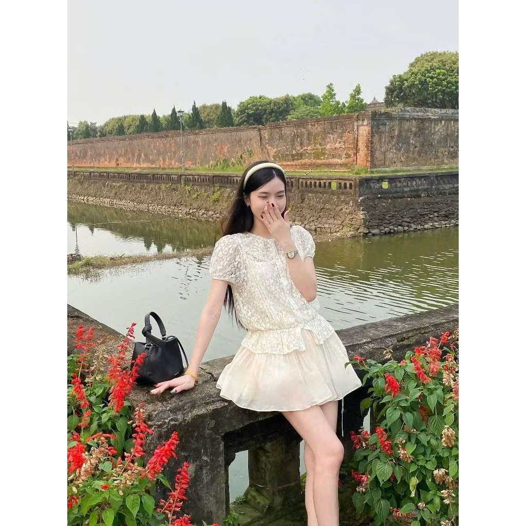 SET ÁO KEM REN HOA LƯỚI CỔ PETER PAN RÚT EO XÒE THẮT NƠ + CHÂN VÁY KEM ...