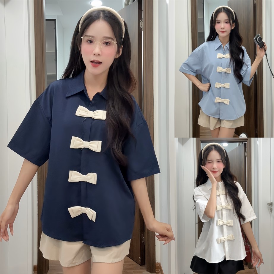 Set áo sơ mi nữ khuy nơ tay ngắn form rộng có Bigsize 40-72kg Hanaco ...
