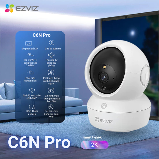 [Tặng Thẻ Nhớ 64GB] Camera Ezviz C6N Pro 2K (3.0MP) - Xoay 360°, đàm thoại 2 chiều, thông minh ...