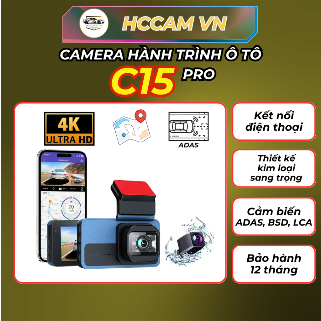 Camera hành trình ghi hình 4K HCCAM C15 PRO, màn 3icnh, cam sau hỗ trợ ...