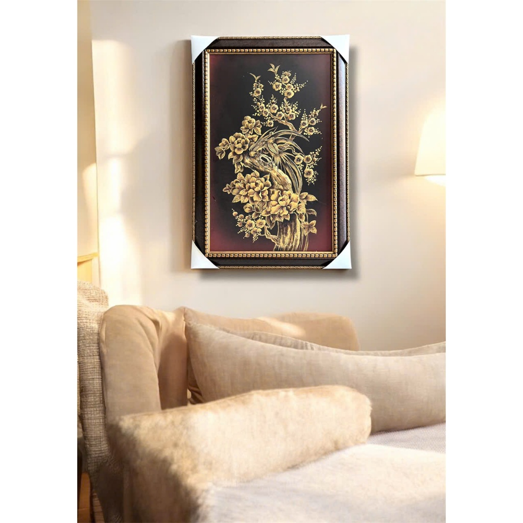 Tranh sơn mài Thanh Bình Lê- CHIM HÓA PHỤNG VÀ HOA MAI size 50x80 cm ...