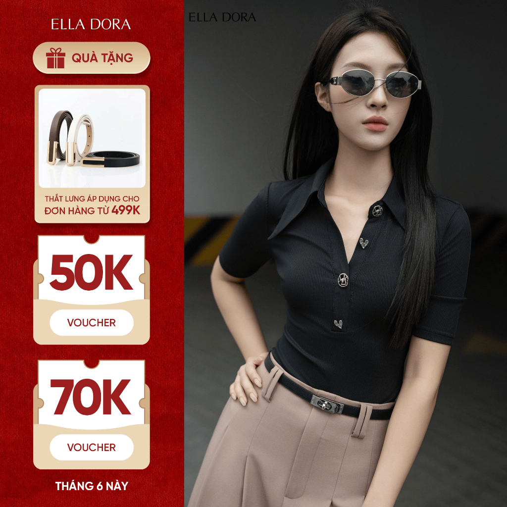 Áo thun polo ôm body ELLA DORA thiết kế đính cúc kim loại kiểu dáng ...