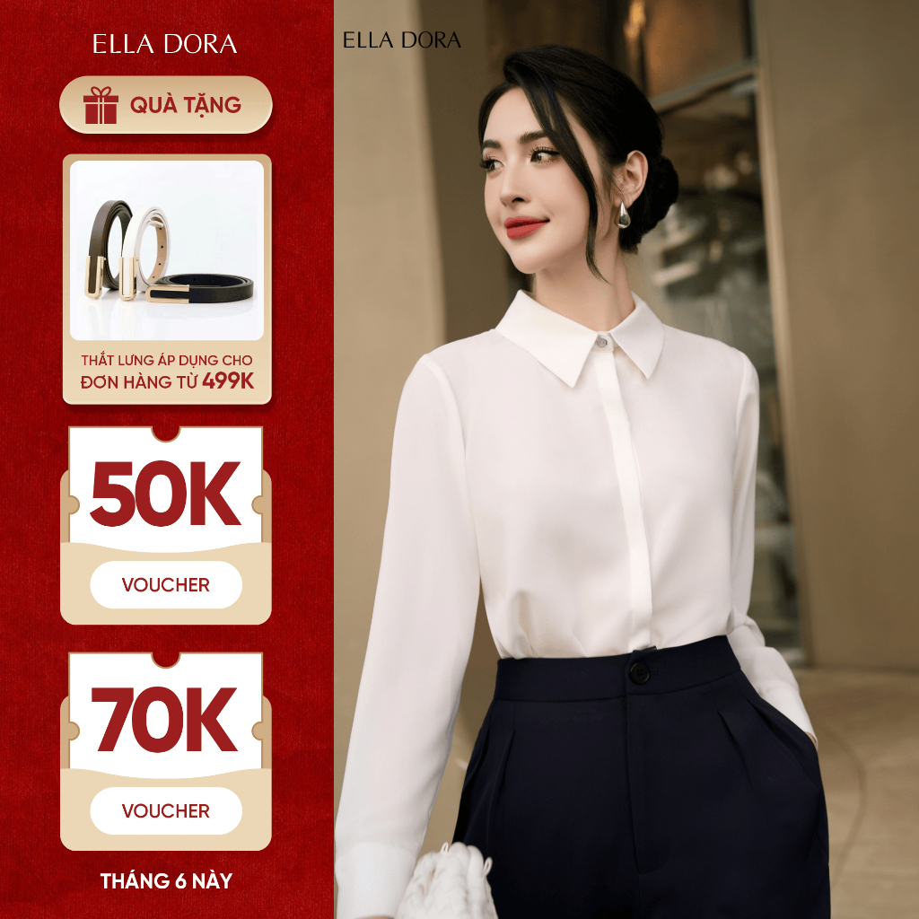 Áo sơ mi công sở nữ lụa cao cấp ELLA DORA form suông tay dài màu TRẮNG ...