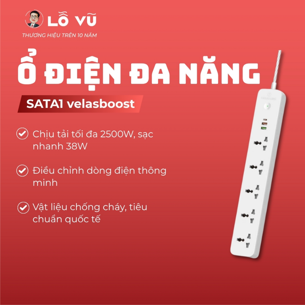 Ổ cắm điện đa năng velasboost SATA1, Chịu tải 2500W, Tiêu chuẩn quốc tế ...