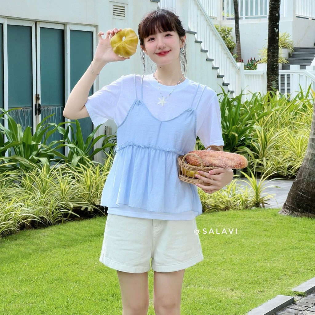 (Kèm scrunchies) Set áo thun trơn kèm yếm 2 dây voan tơ dễ thương, set ...