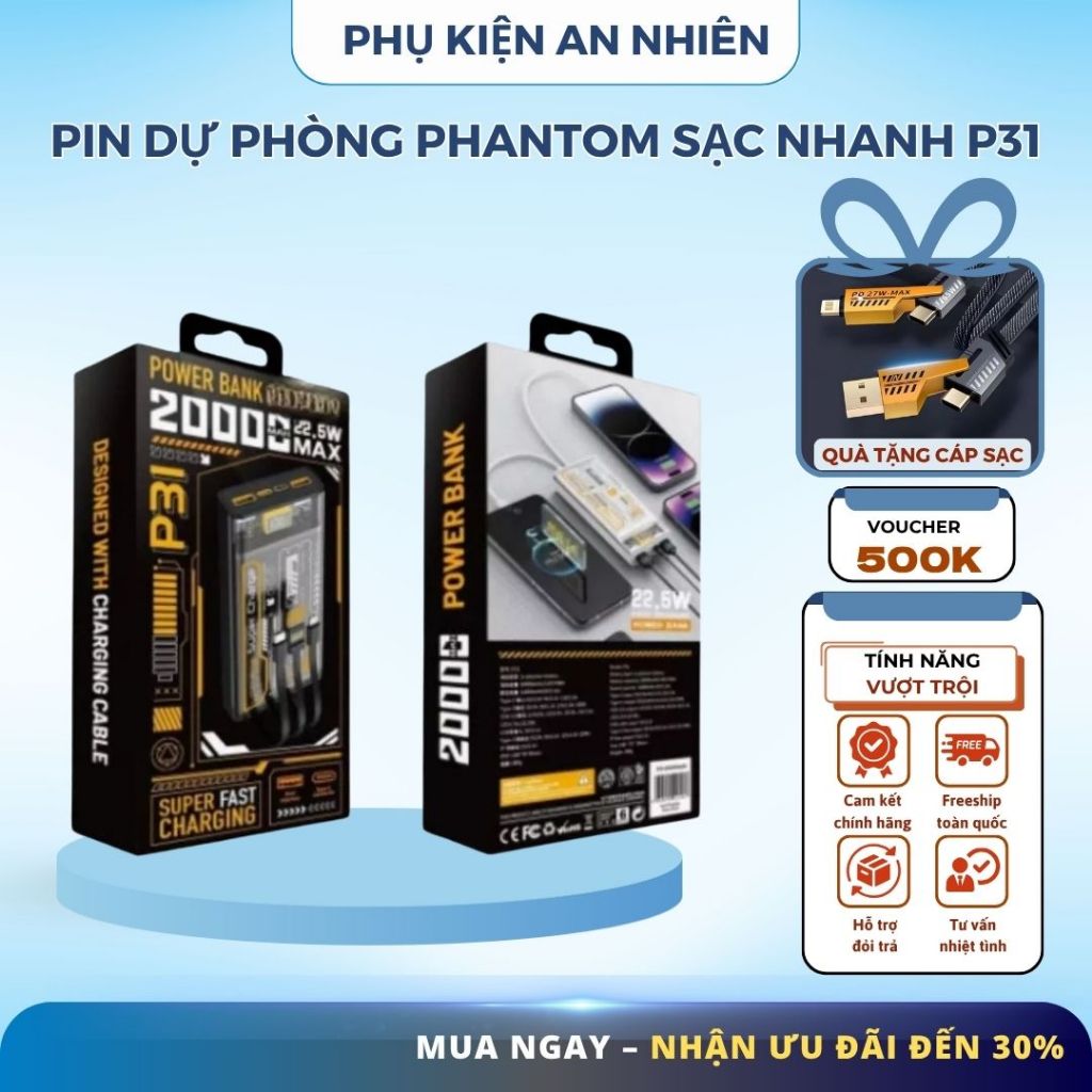 Pin dự phòng PHANTOM sạc nhanh P31 20000mAh tích hợp 3 cổng 3 cáp sạc hỗ trợ QC 22.5 và PD 20W ...