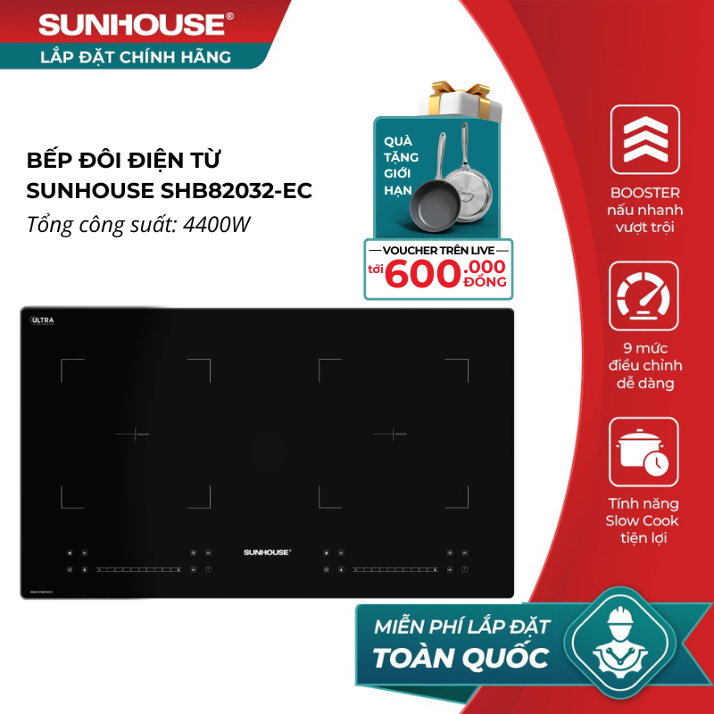 [MIỄN PHÍ LẮP ĐẶT] Bếp đôi điện từ Sunhouse SHB82032-EC - Booster nấu nhanh - 9 mức chỉnh, có ...