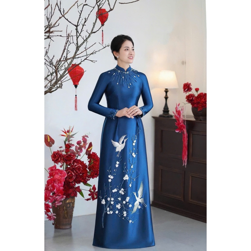 [ ÁO DÀI LỤA RUBY ] áo dài mẹ,bà xui đính kết cổ tay trên nền vải lụa ...