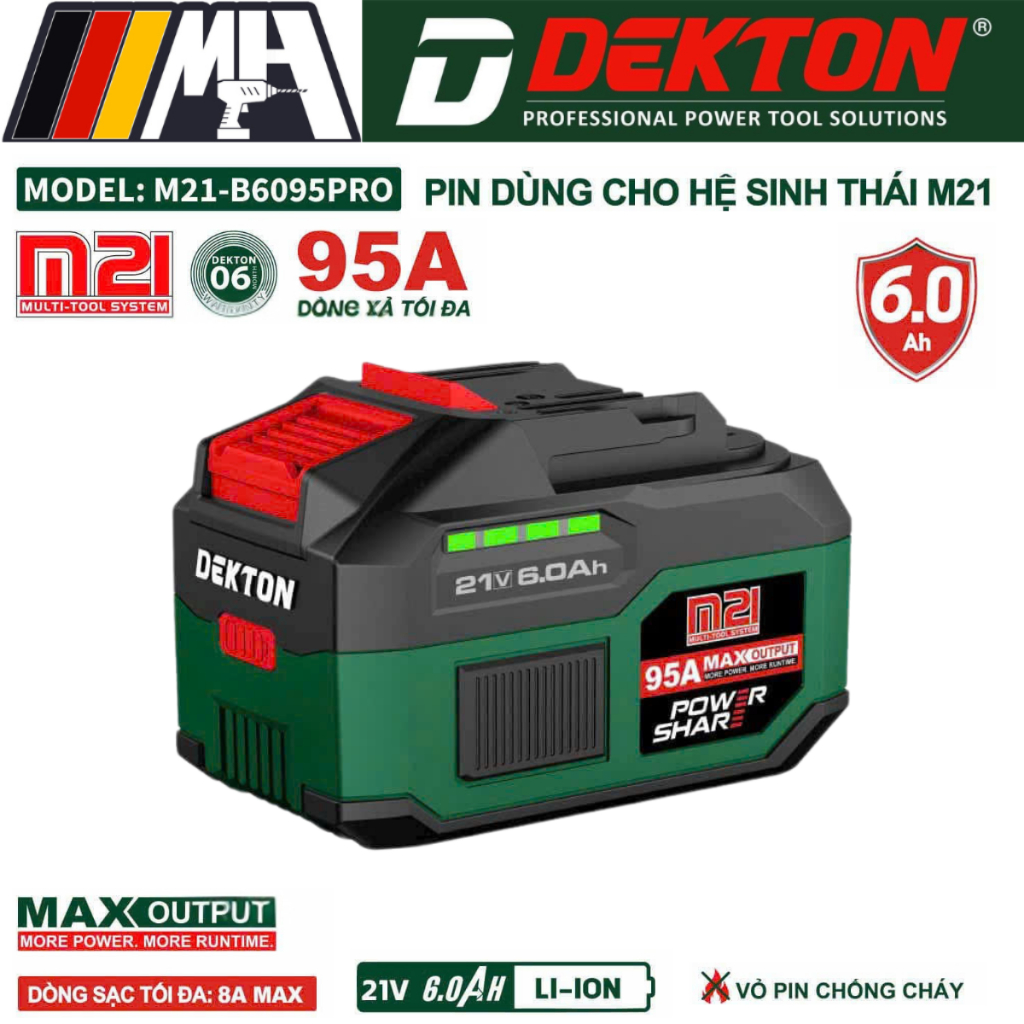 [CHÍNH HÃNG] Pin Dekton M21-B6095PRO 21V 6.0Ah | Pin Lithium Dòng Xả 95A | Dùng Cho Máy M21 | Vỏ ...