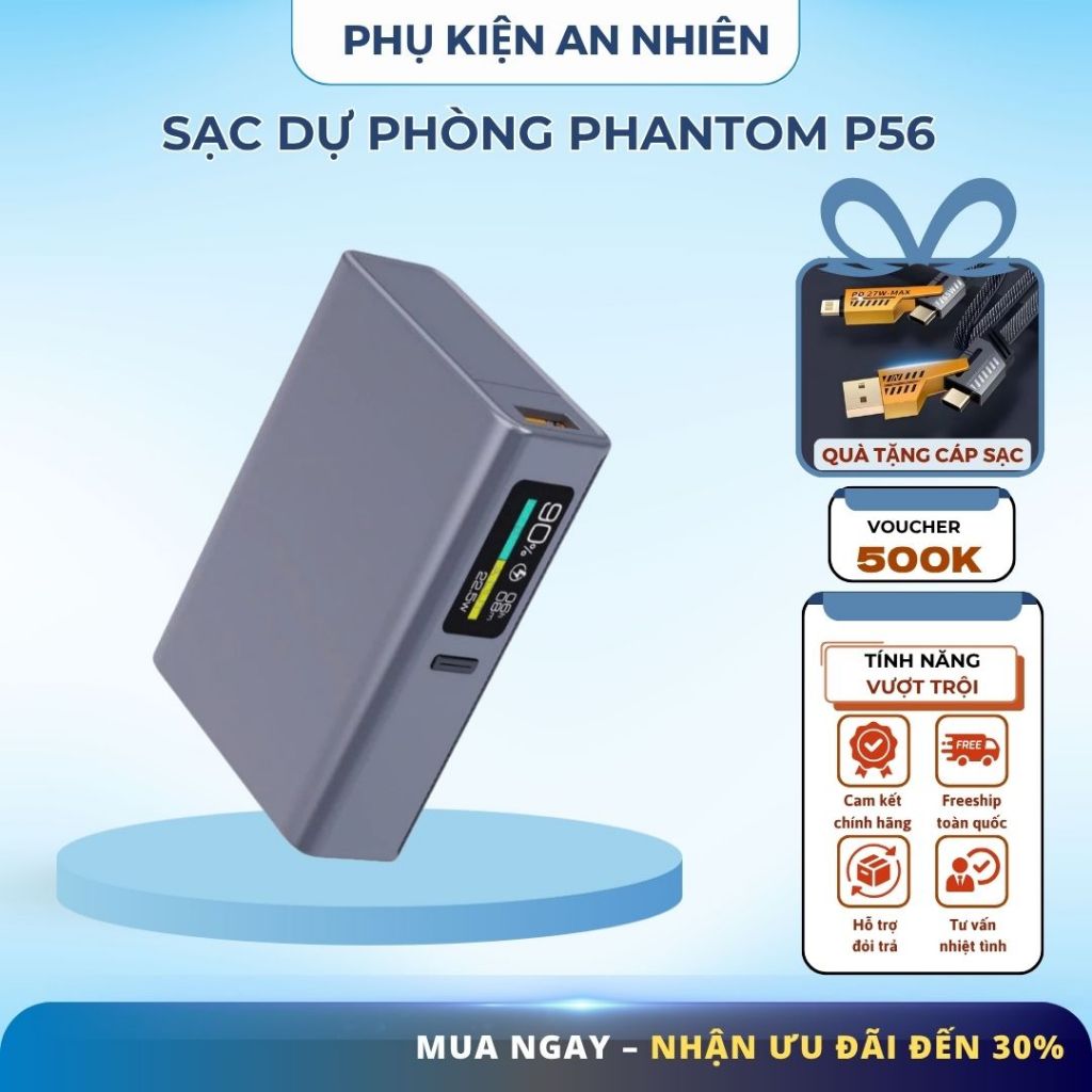 Sạc dự phòng Phantom P56 nhỏ gọn Pin LiON 2 cell 21700 QC3.0 PD 22.5W ...