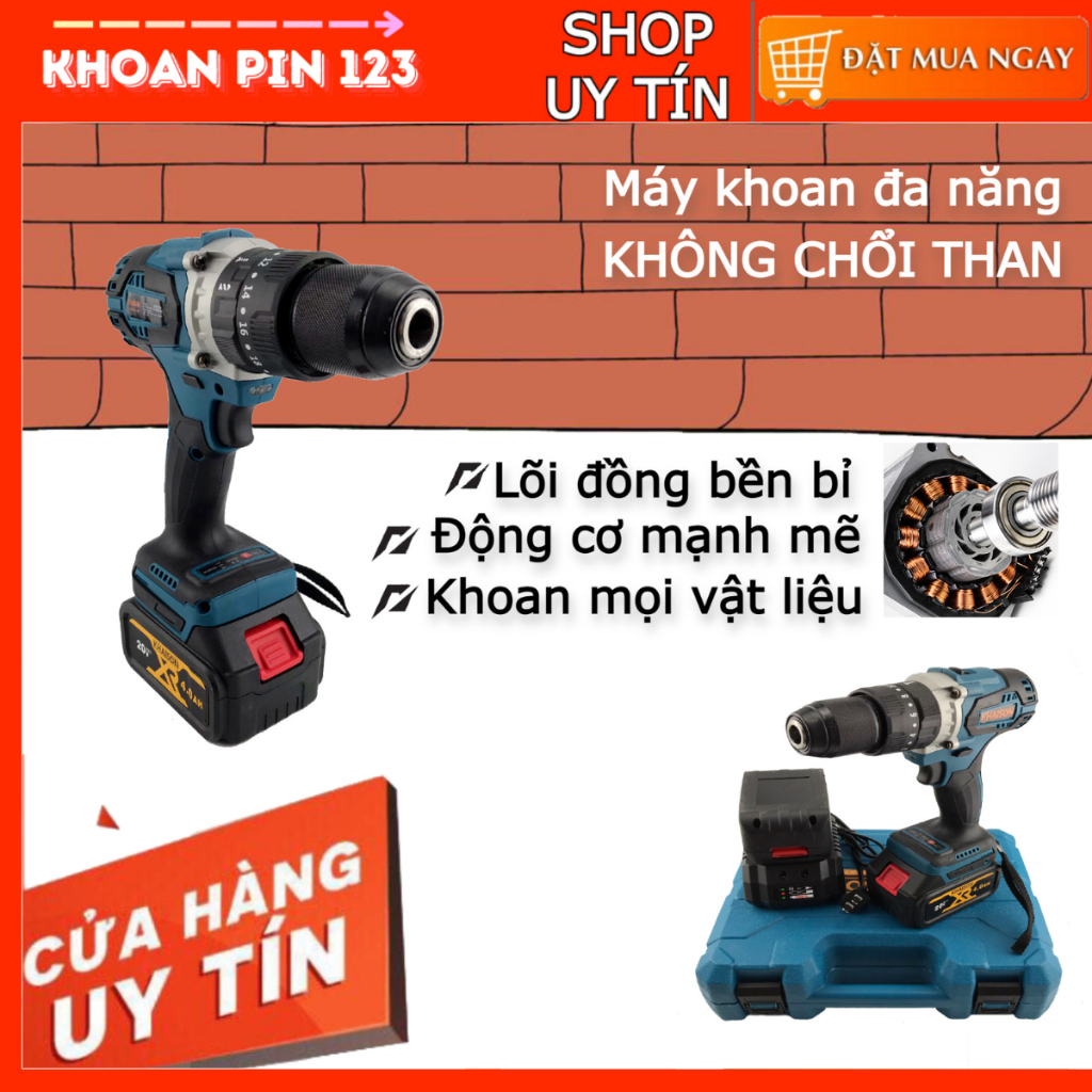 Máy khoan tay bắt vít có búa Khaison 13mm không chổi than bảo hành 6 ...