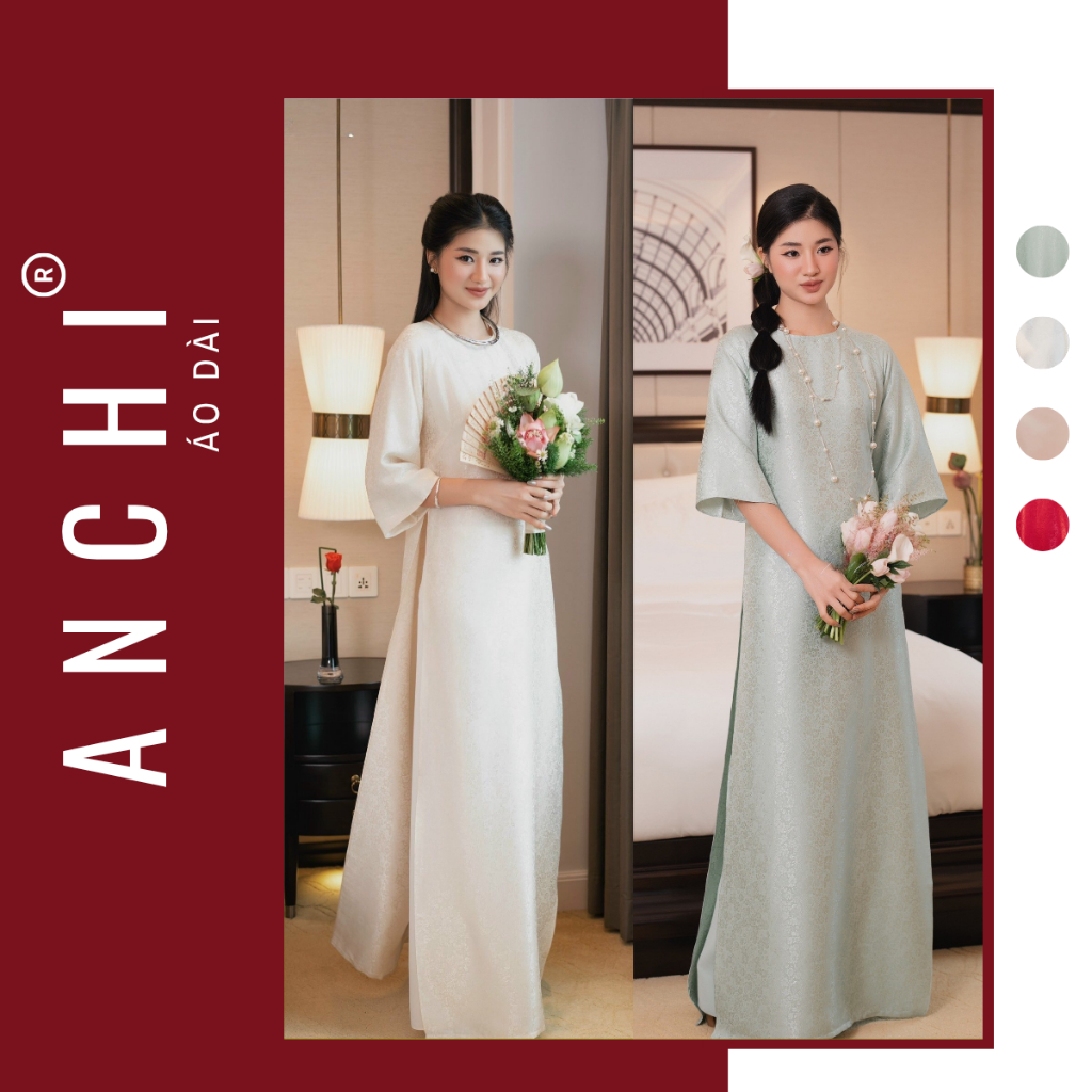 Áo Dài Cưới Dáng Suông, Chất Vải Gấm Hoa Cổ Tròn Tà Dài Tay Lửng Màu Sắc Nhã Nhặn - Áo Dài ANCHI ...