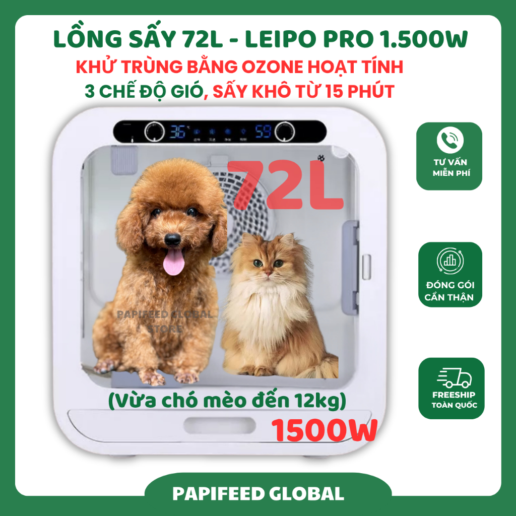 SẴN- Máy sấy chó mèo PRO MAX 1500W hút lông rụng, khử trùng OZONE có 3 chế độ gió Leiboo 72L ...