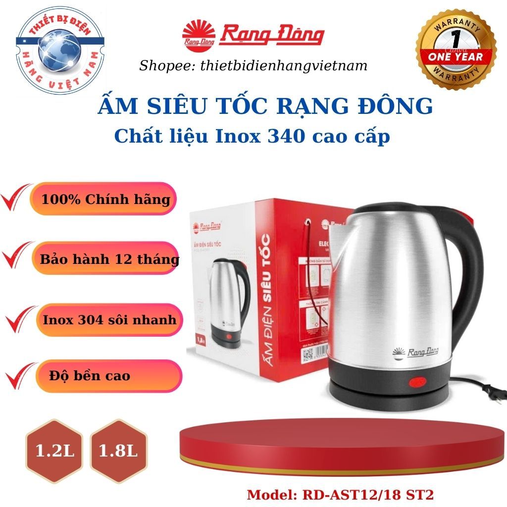 Ấm điện siêu tốc 1,2 lít và 1,8 lít Rạng Đông Inox 304 cao cấp, dùng bền, sôi nhanh - Model: RD ...