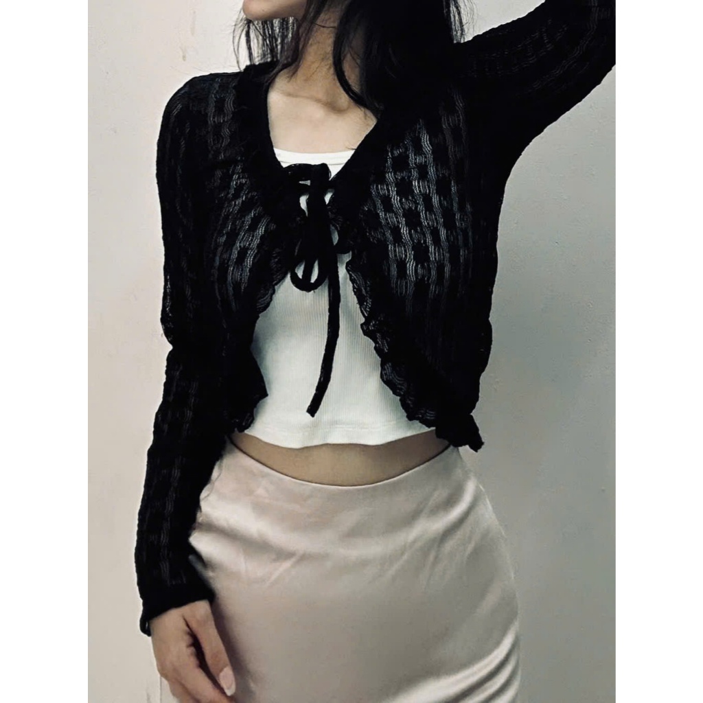 Áo khoác ren cardigan mỏng croptop phối viền bèo thắt nơ hàn quốc khoác ...