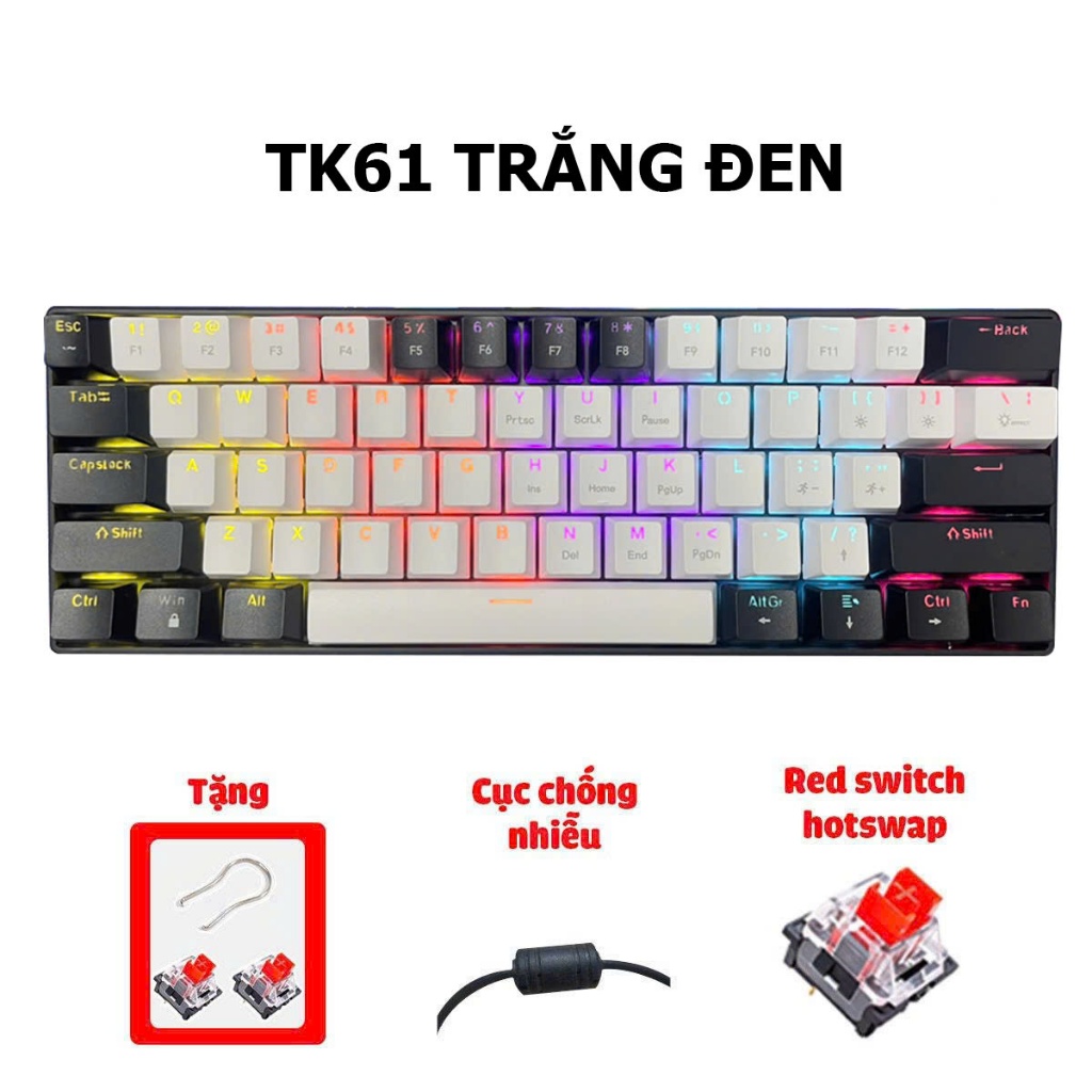 Bàn phím cơ có dây TK61 Tiroshi cục chống nhiễu, hotswap dành cho văn ...