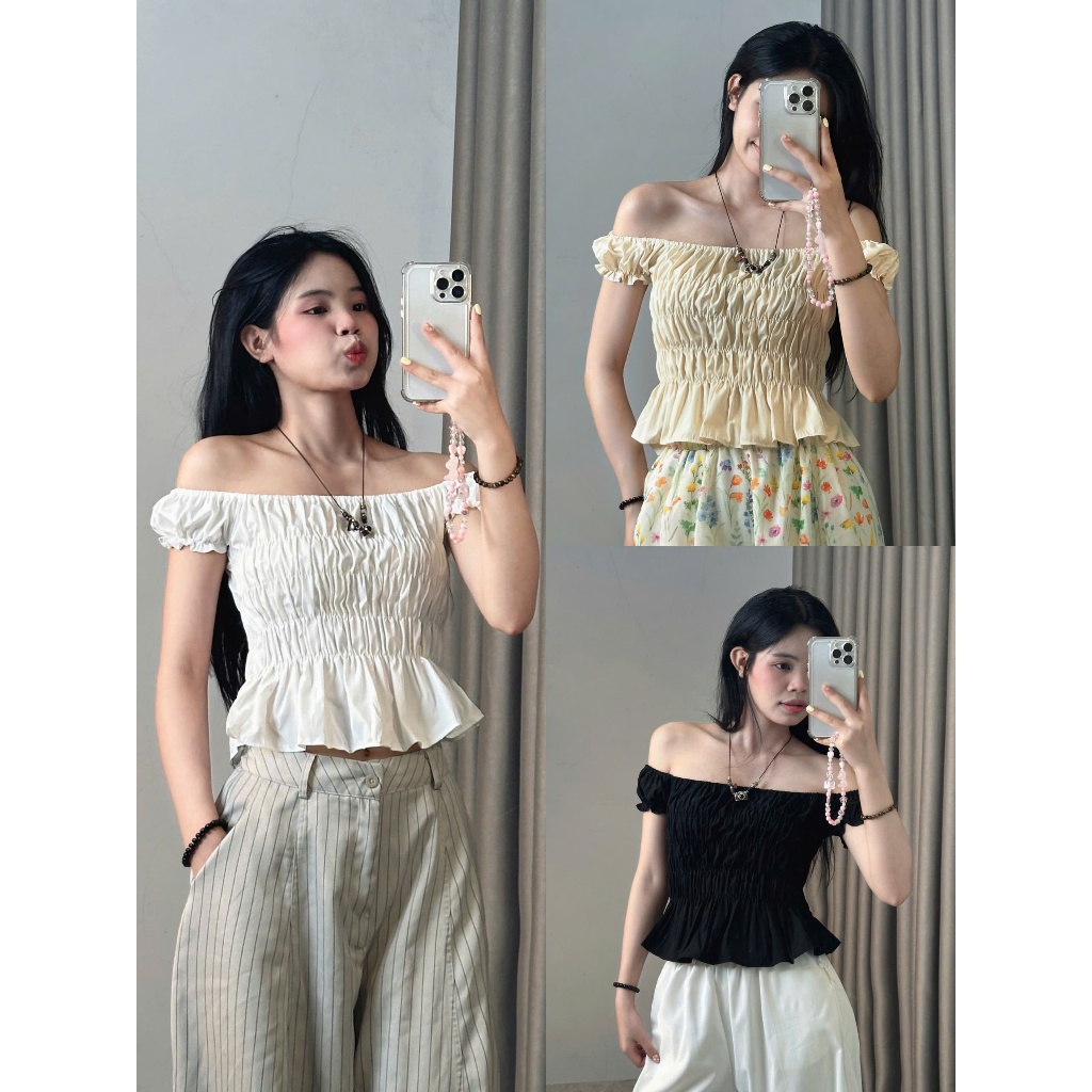Áo trễ vai nhún ôm body dáng crotop chất gió nhăn Aotrevai333_P0K17 ...
