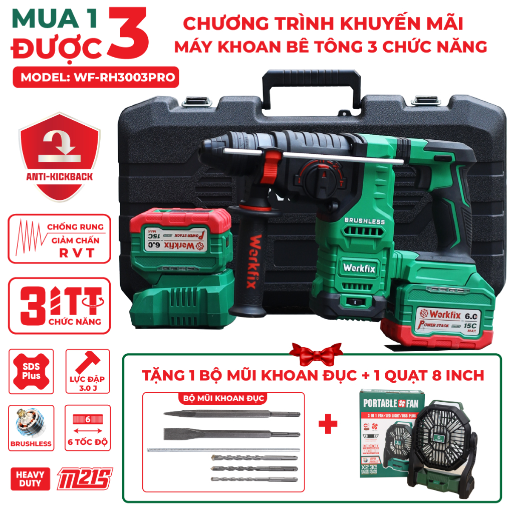 Máy Khoan Bê Tông Dùng Pin WORKFIX WF-RH3003PRO, 6 Cấp chỉnh tốc, Có ...