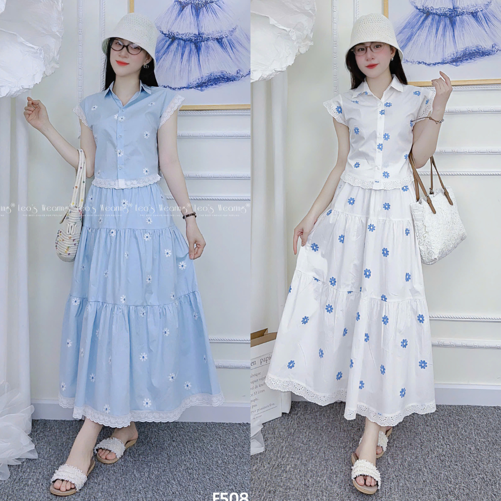 E508 LEOSWEARING set áo sơmi nữ mix chân váy tầng mùa hè | Shopee Việt Nam