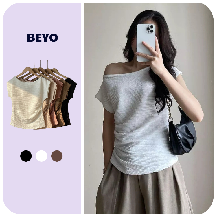 Áo thun lệch vai tay ngắn Beyo áo phông dáng vừa chất liệu xốp nhăn T006 | Shopee Việt Nam