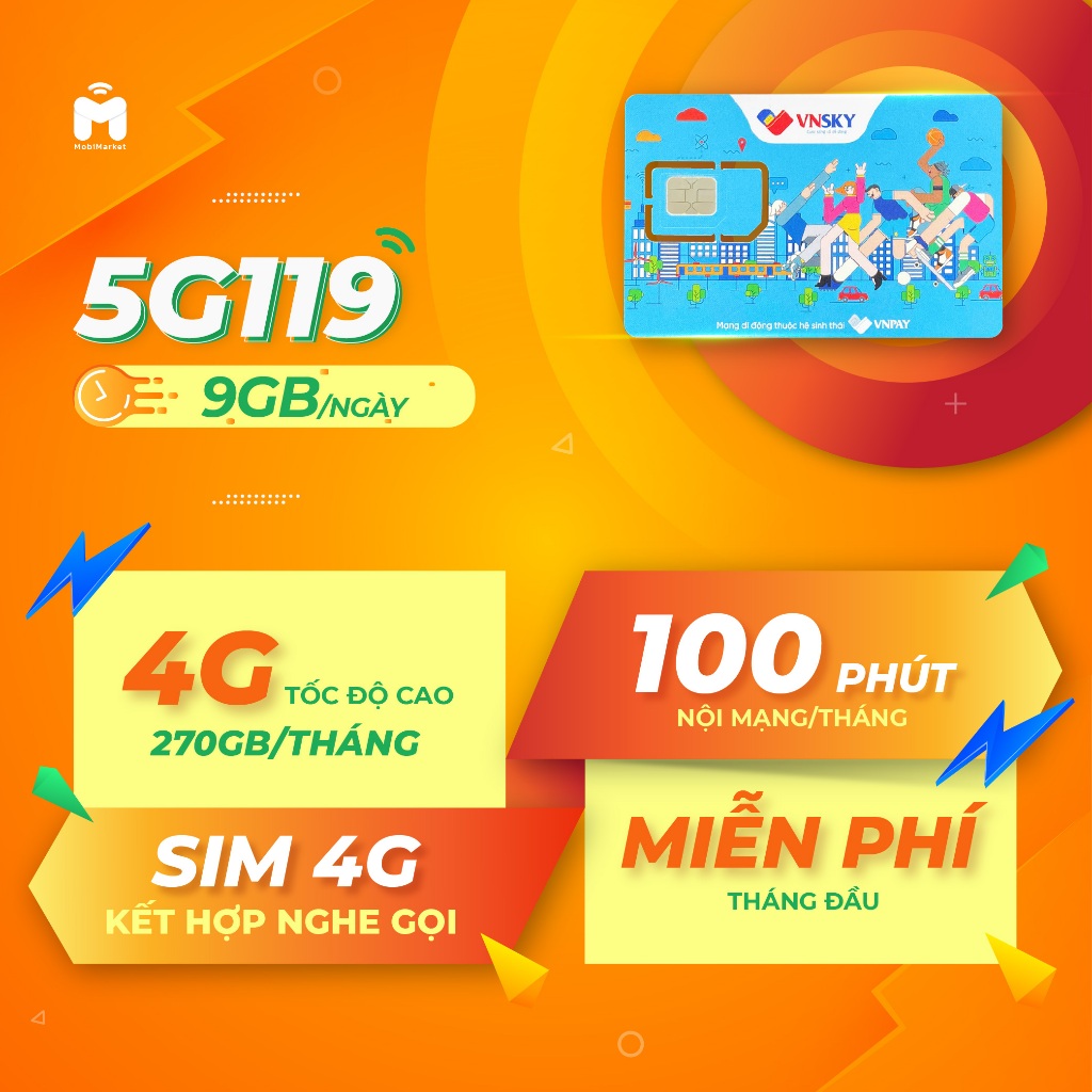 [ MIỄN PHÍ THÁNG ĐẦU ]Sim Data 4G,5G Mobifone gói VNSKY 5G119 9GB/ngày (270GB/tháng)+100 phút ...