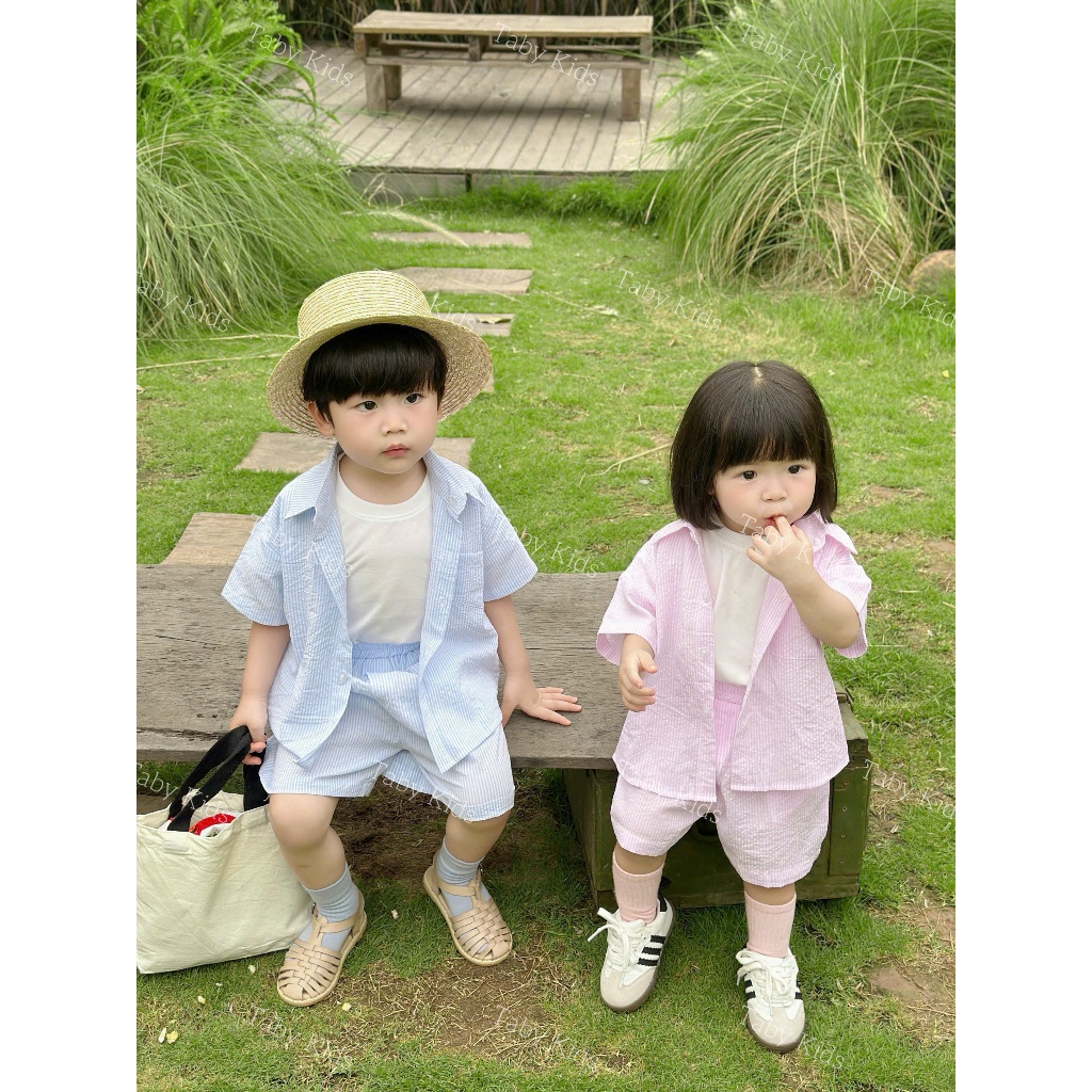 [TABY] Set áo sơ mi cộc tay túi ngực + quần kẻ, chất liệu thô hàn mềm ...