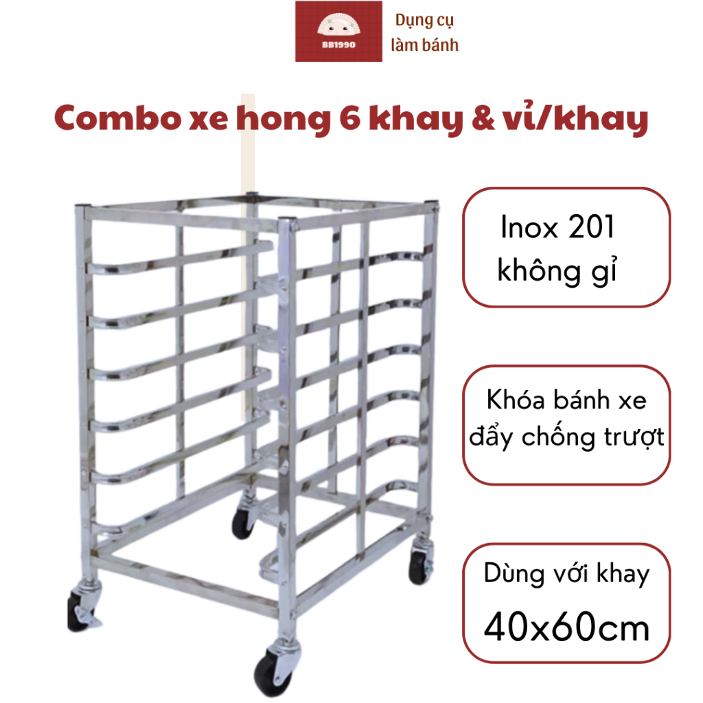 [Combo xe hong 6 khay và vỉ/ khay] Xe đẩy hong bánh 6 khay, hong bánh ...