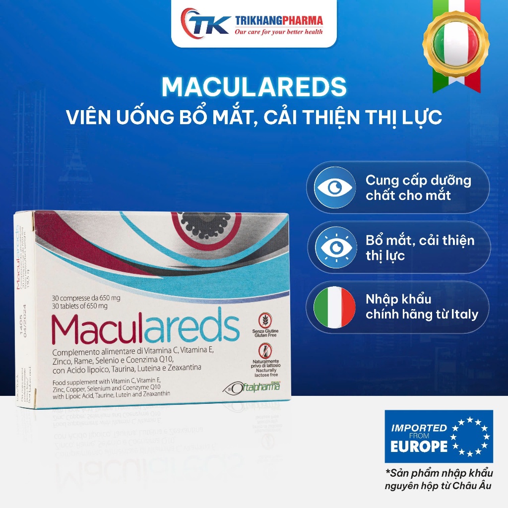 Viên uống bổ mắt Maculareds hộp 30 viên phòng ngừa và hỗ trợ thoái hoá điểm vàng nhập khẩu Châu ...