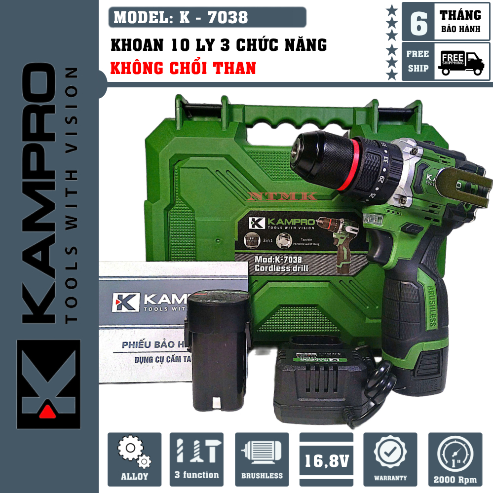 Bộ khoan Kampro k7038 xanh lá 16,8v 3 chức năng, Không chổi than, Đầu ...