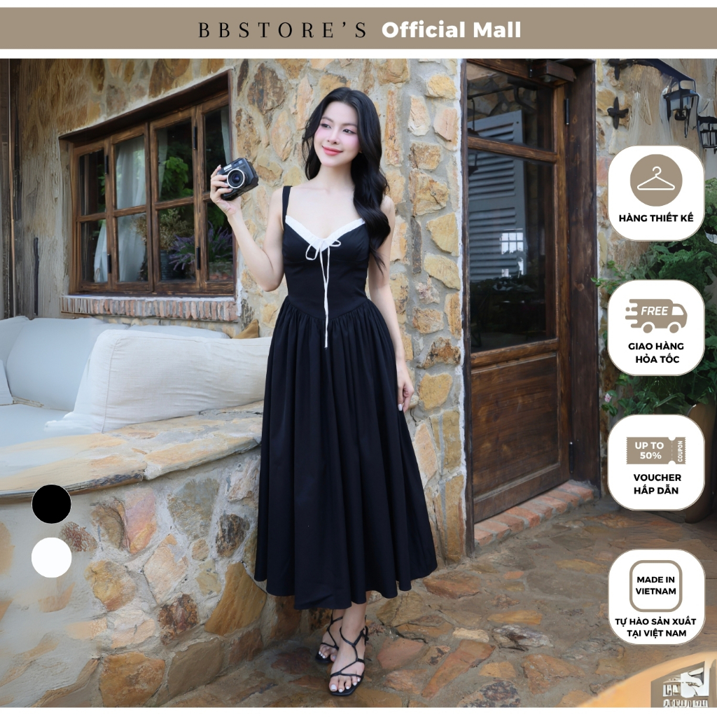 [BBSTORE'S] Đầm Hai Dây Dạo Phố Dài Tùng Xòe Thắt Nơ Phối Ren Chất Cotton - D4453A | Shopee Việt Nam